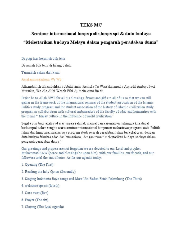 Teks MC Seminar Internasional NISWA | PDF | Kajian Bahasa Asing | Seni