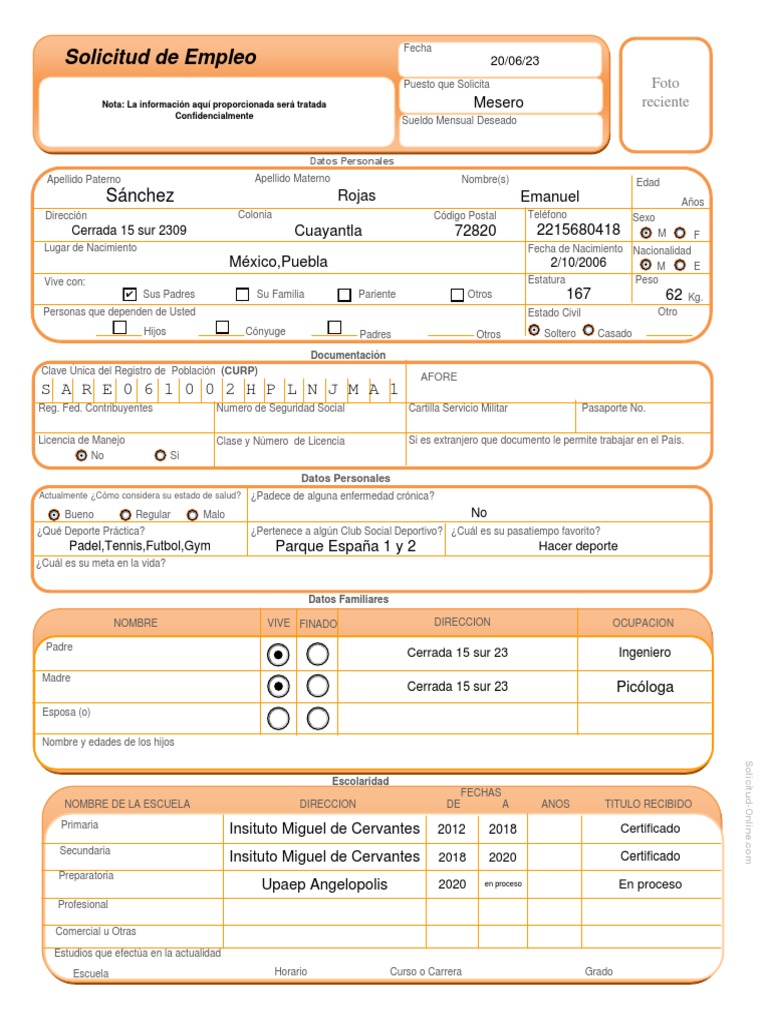 Solicitud De Empleo Formato Completo Pdf