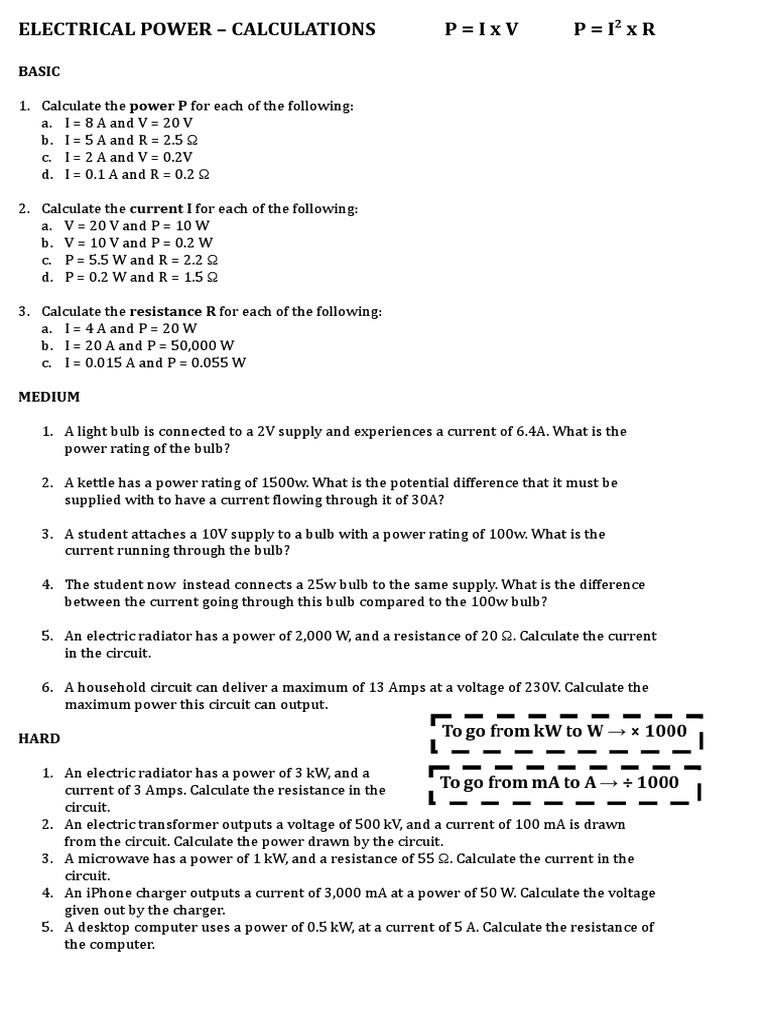GCSE Electrical Power Worksheet | PDF