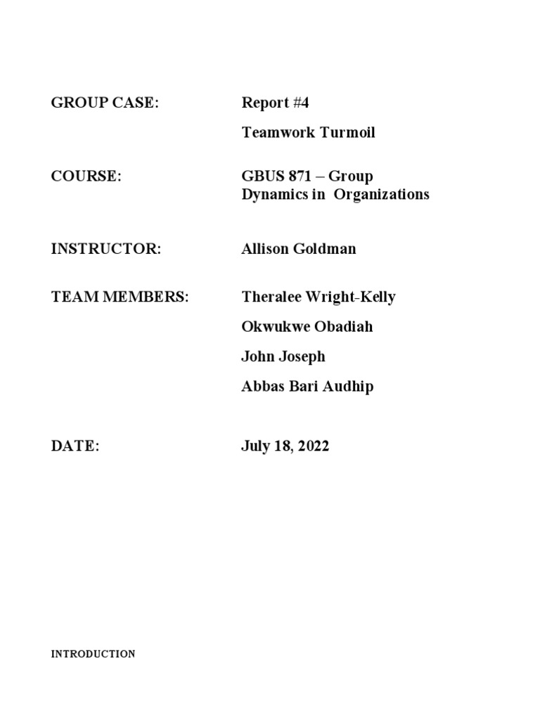 Group Case Study Report 4 - Teamwork Turmoil | PDF | Team Building ...