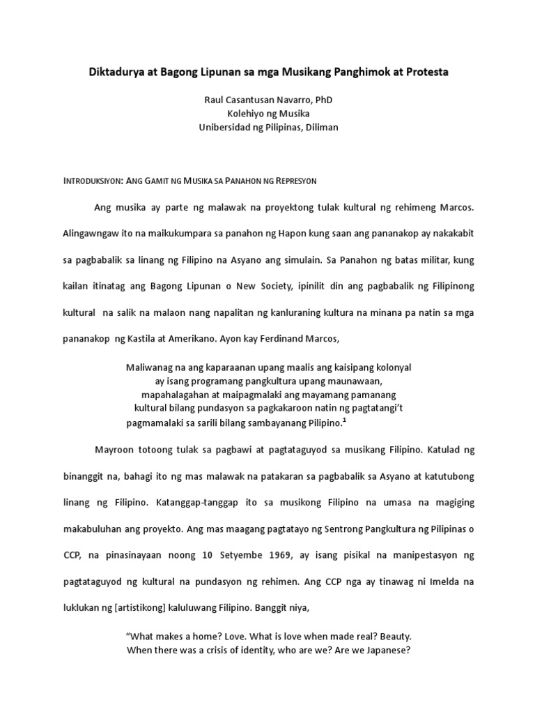 NAVARRO PALIHAN PS 21 Diktadurya at Bagong Lipunan Sa Mga Musikang ...