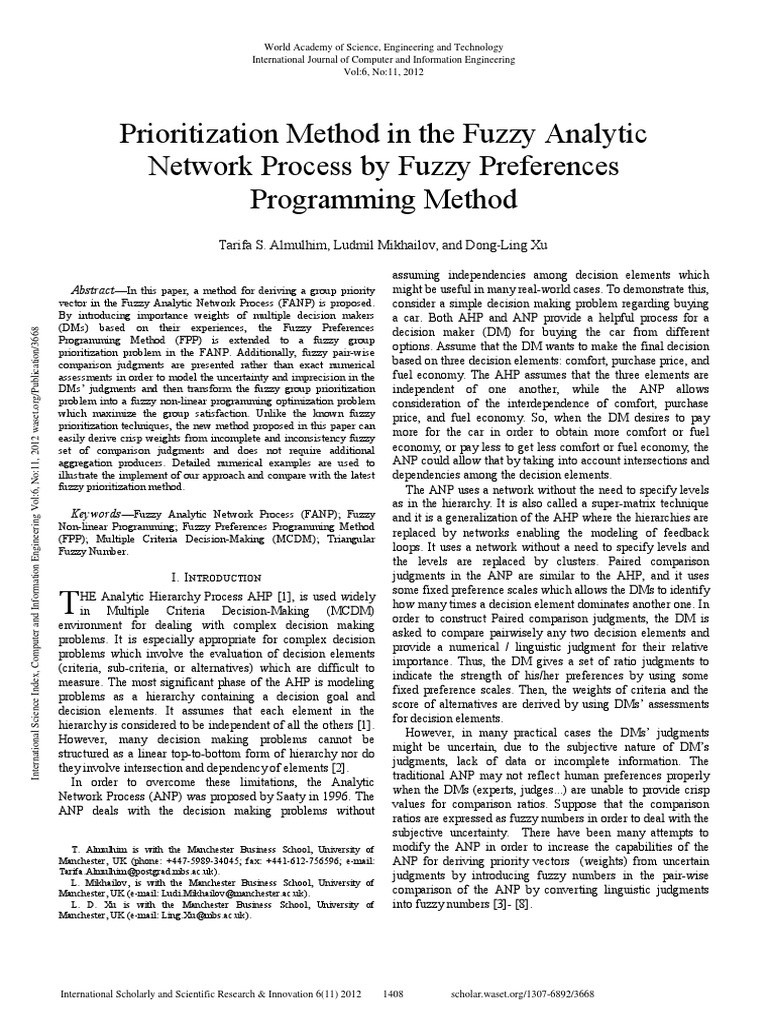Prioritization Method in The Fuzzy Analytic Network Process by Fuzzy Preferences Programming ...