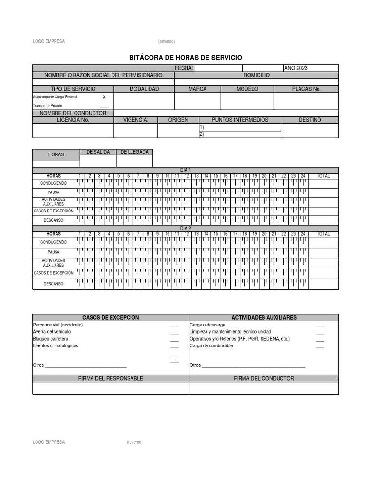 Bitacora Horas de Servicio | PDF | Transporte