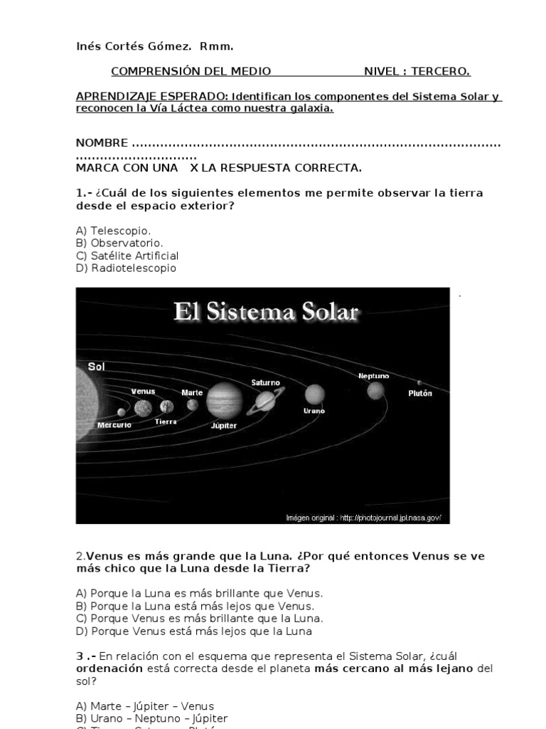 Prueba Sistema Solar | Descargar gratis PDF | Sistema solar | Planetas