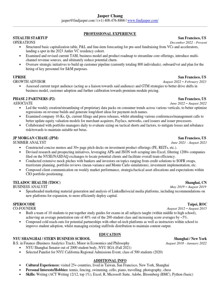 Jasper Chang: Operations & Growth Expert | PDF | Finance & Money Management