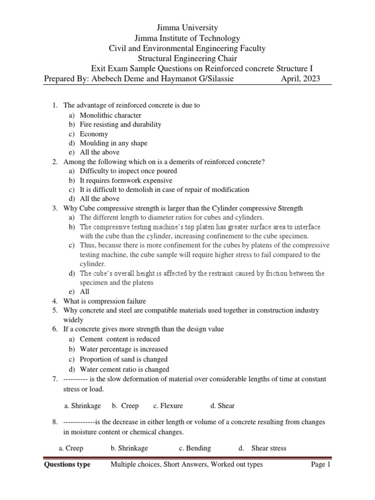 Reinforced Concrete I - Sample Questions | PDF | Beam (Structure ...
