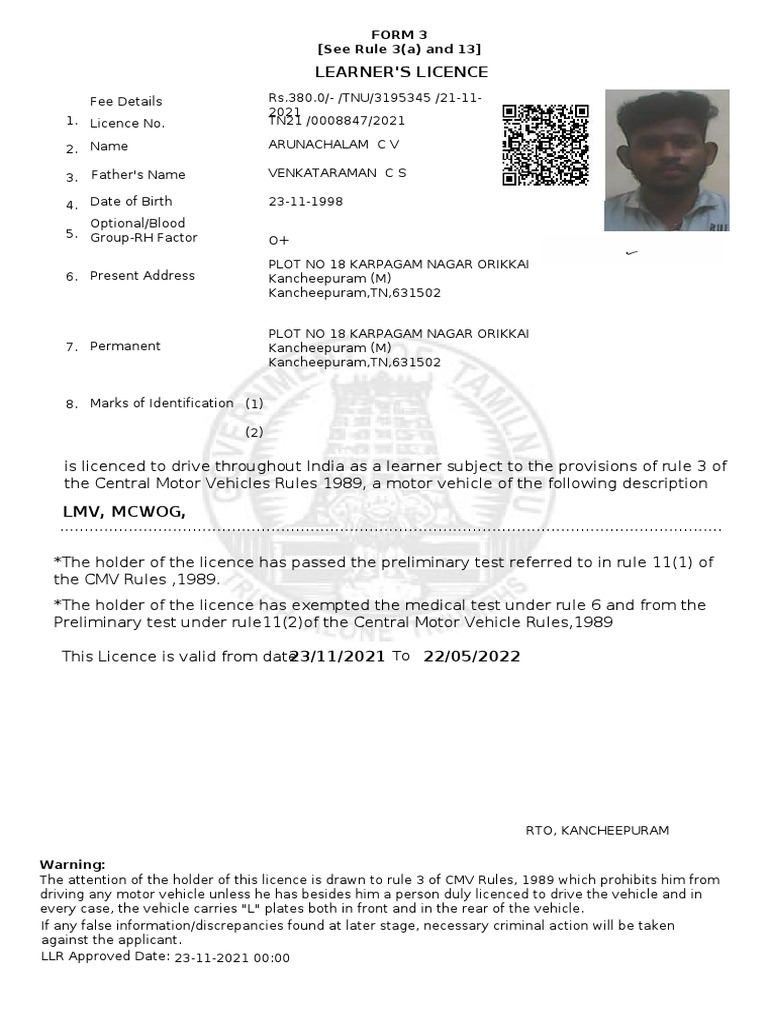 Learner'S Licence: Form 3 (See Rule 3 (A) and 13) | PDF