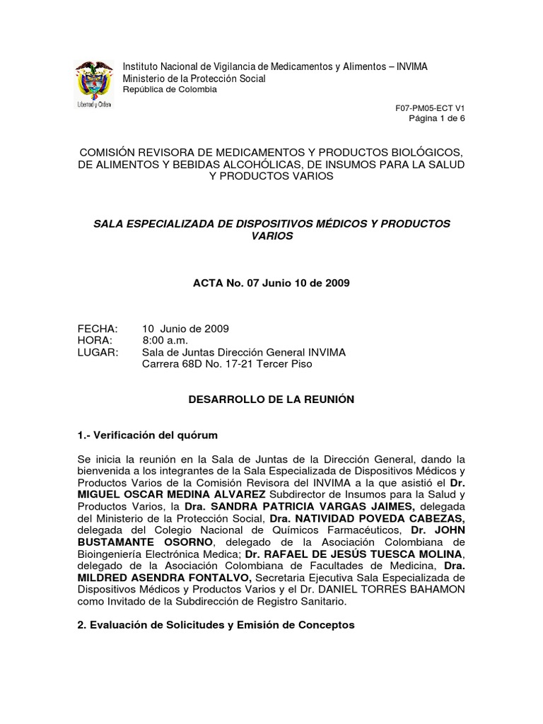 Acta Comision Revisora de Dispositivos Medicos (No Requiere Registro Invima Baño Serolgico) | PDF