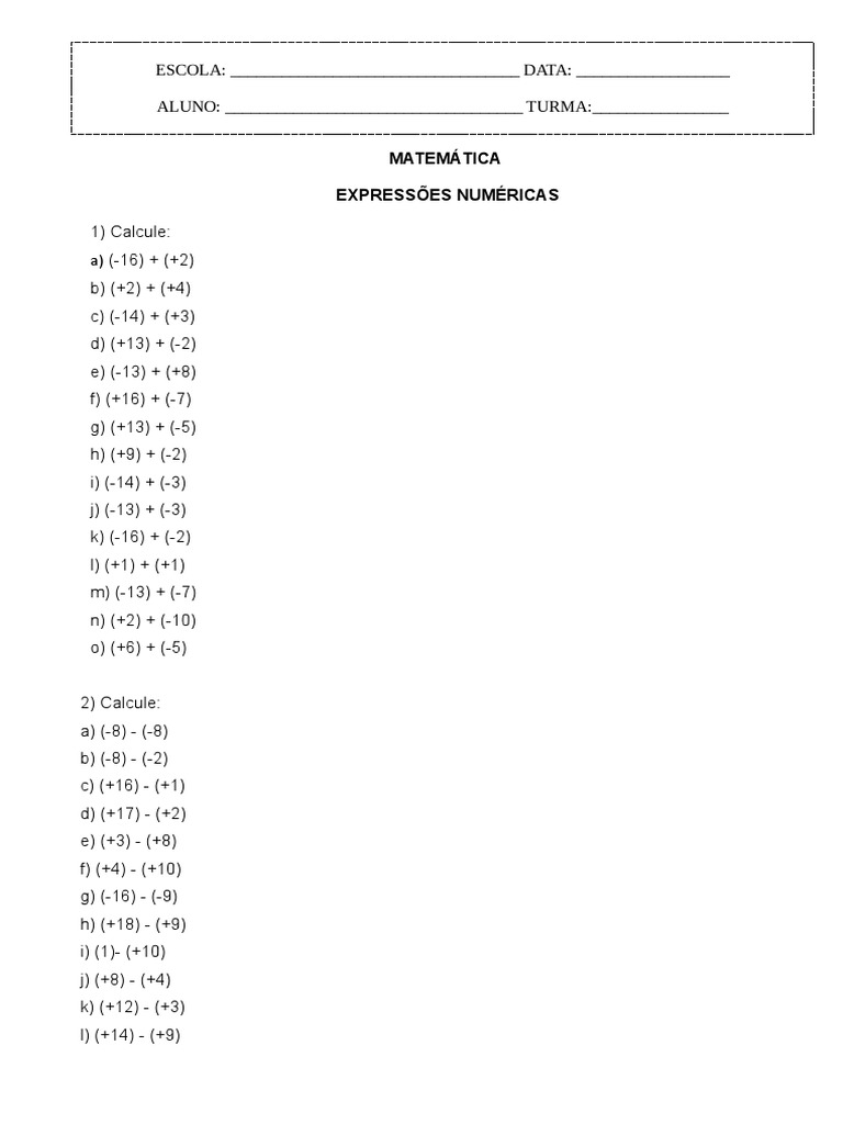 Exercícios de Expressões Numéricas | PDF | Métodos e Materiais de Ensino