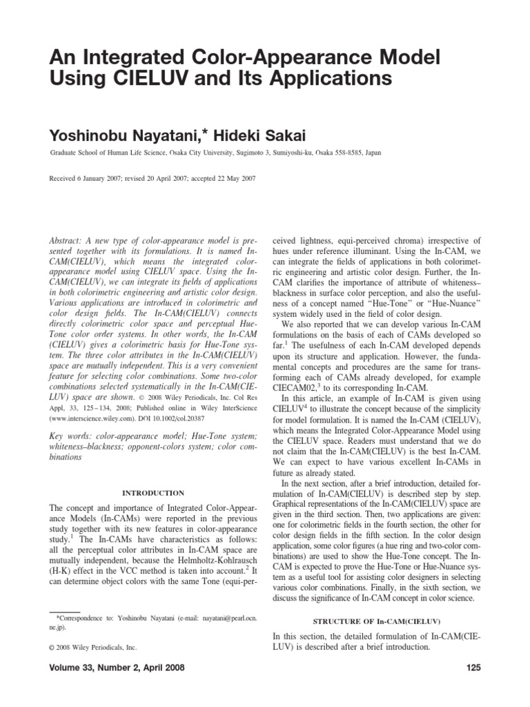 An Integrated Color-Appearance Model Using CIELUV and Its Applications, Nayatani (2008) | PDF ...