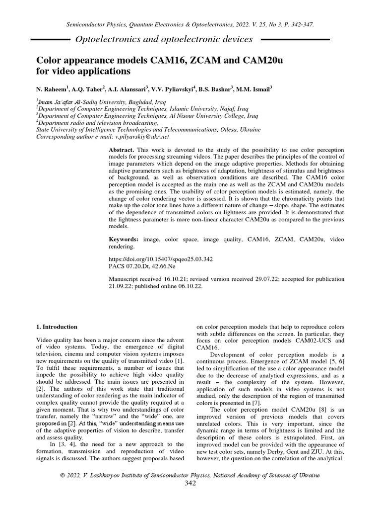 ZCAM-Color Appearance Models CAM16, ZCAM and CAM20u For Video Applications, Raheem (2022) | PDF ...