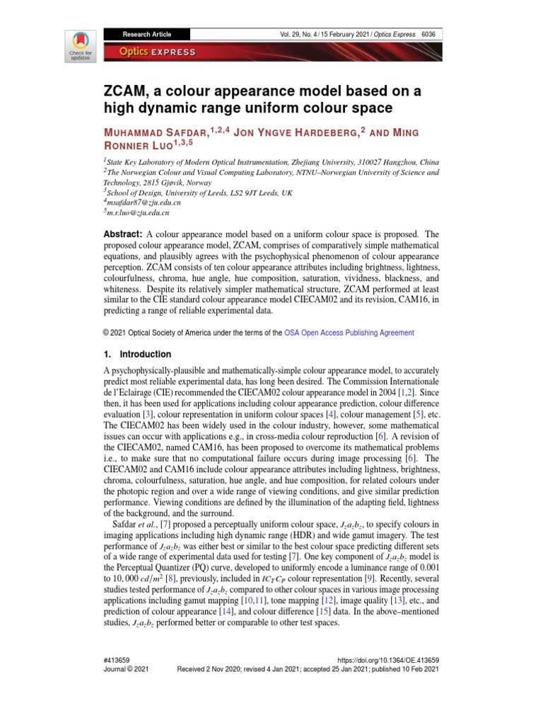 ZCAM-a Colour Appearance Model Based On A High Dynamic Range, Safdar (2021) | PDF | Color ...