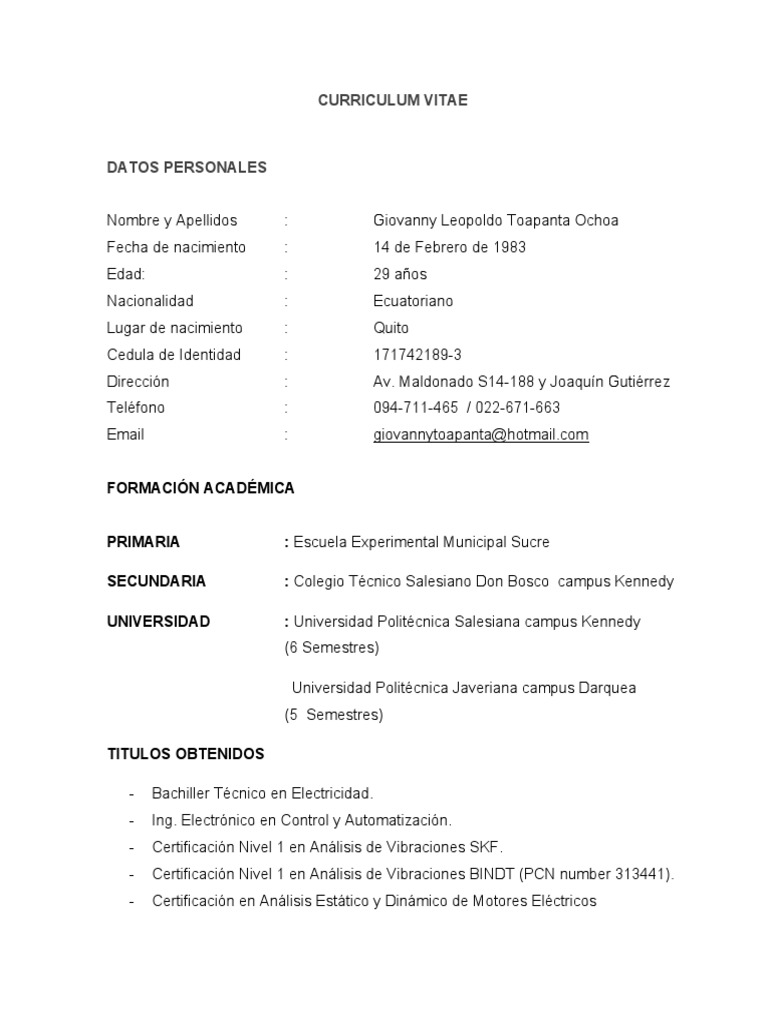 Curriculum Vitae Ing. Giovanny Toapanta | PDF