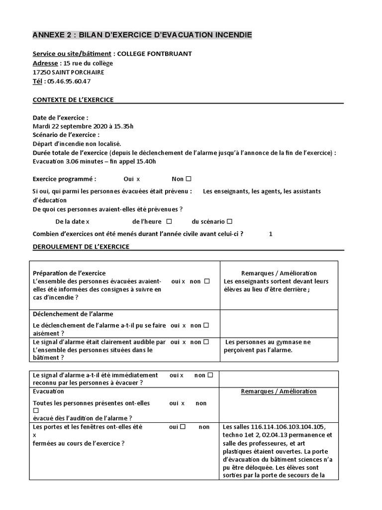 Bilan Exercice Evacuation Incendie 22 Sept2020 | PDF