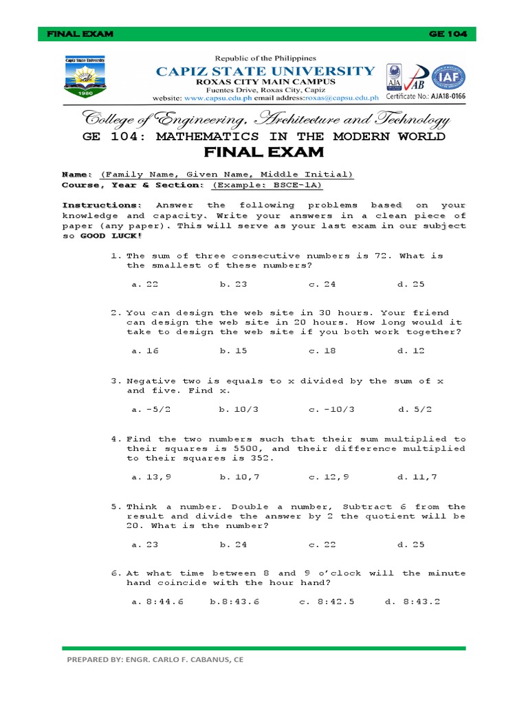 GE 104 Final Exam Review | PDF | Equations | Mathematics