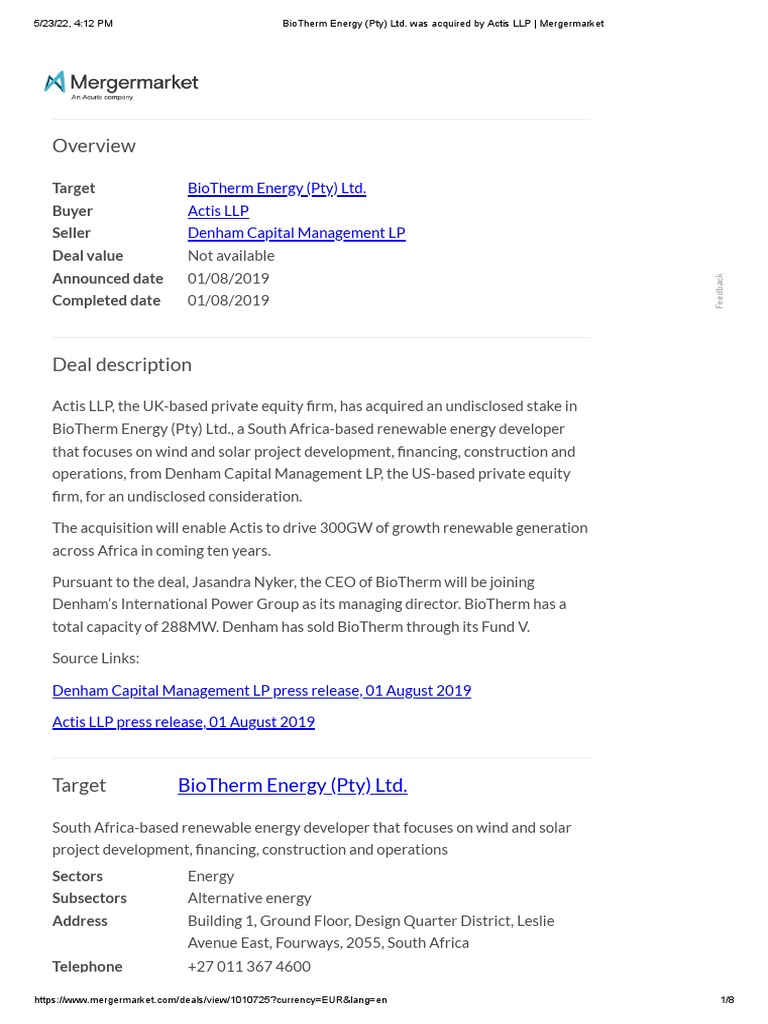 BioTherm Energy (Pty) Ltd. Was Acquired by Actis LLP - Mergermarket ...