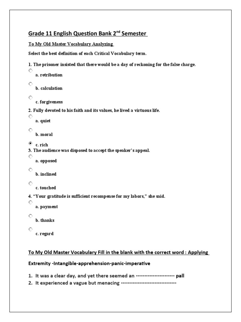Grade 11 English Question Bank 2nd Semester | PDF