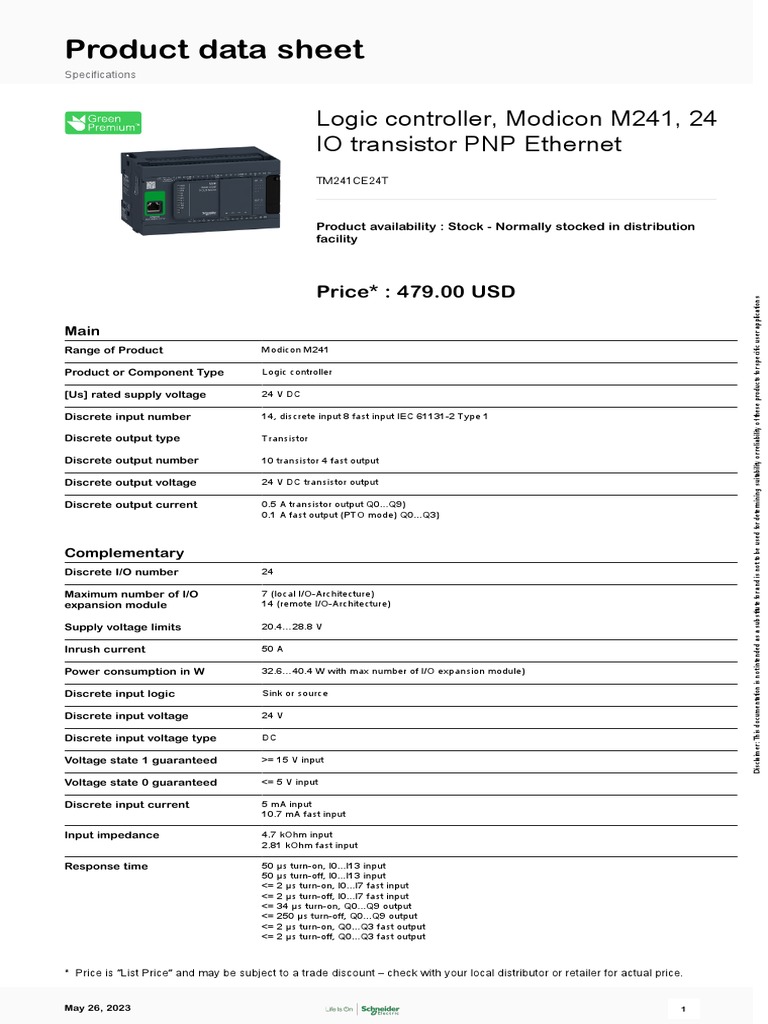 Modicon M241 Micro PLC - TM241CE24T | PDF | Programmable Logic Controller | Logic Gate