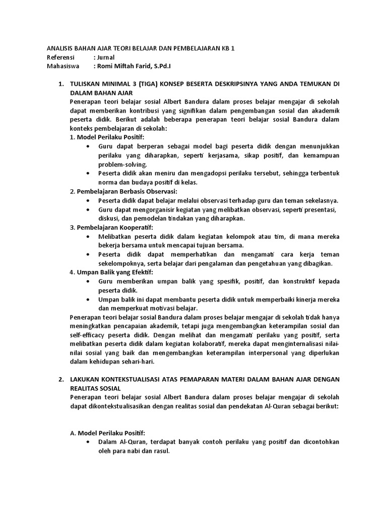 Analisis Bahan Ajar Teori Belajar Dan Pem KB 1 | PDF