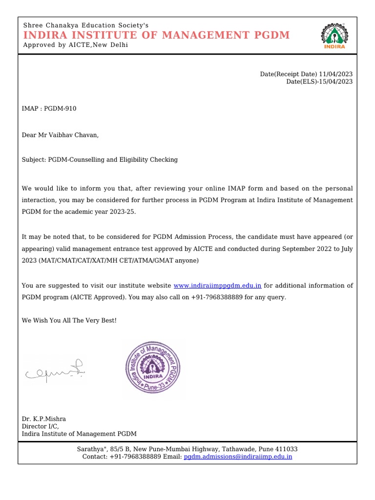Offer Letter PGDM-910 | PDF Offer Letter PGDM-910 | PDF