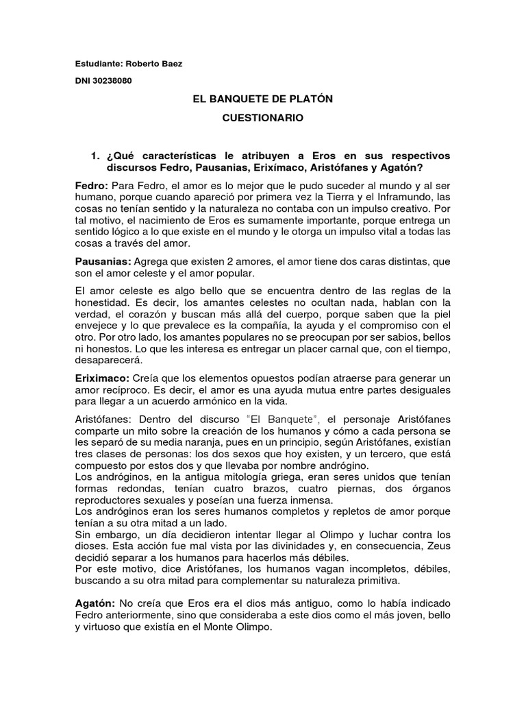 EL BANQUETE DE PLATÓN (3) tp Roberto Baez | PDF | Simposio (Platón) | Amor