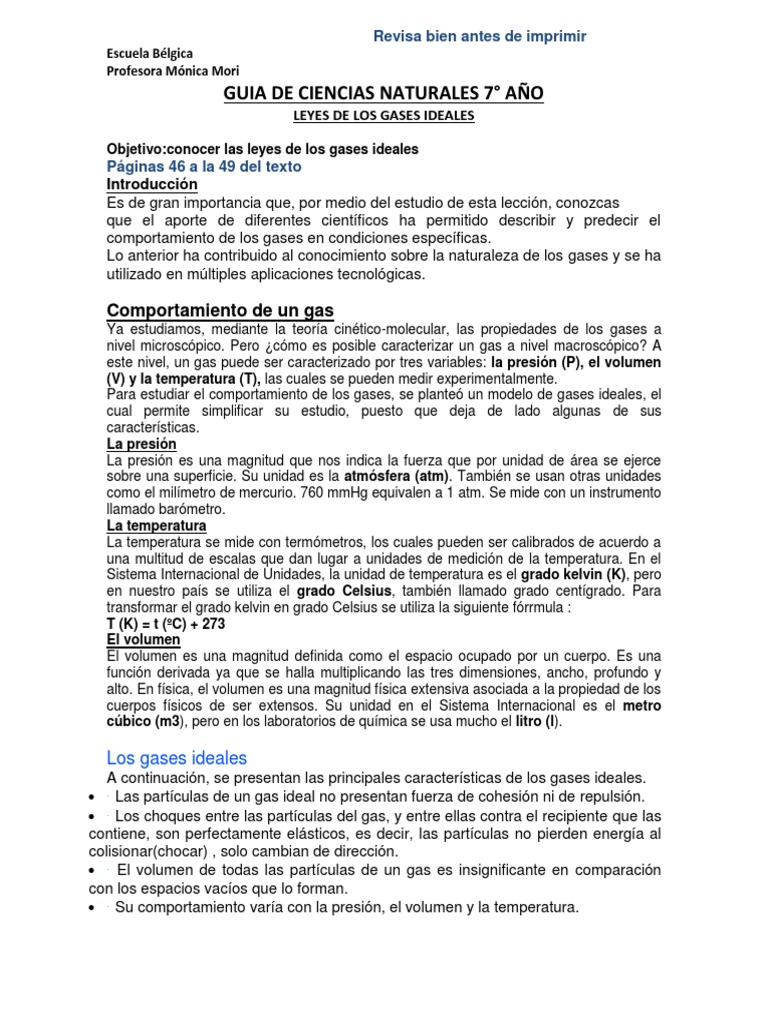 Guía de Los Gases y Sus Leyes 7° | PDF | Gases | Temperatura