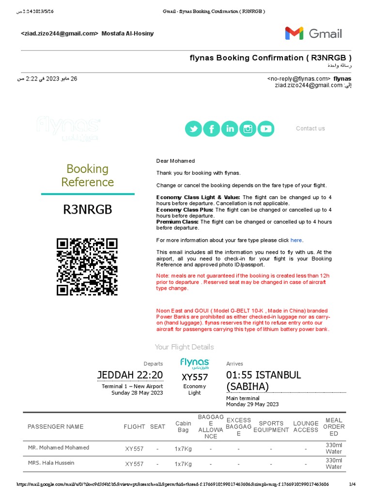 Gmail - Flynas Booking Confirmation - (R3NRGB) | PDF | Credit Card ...