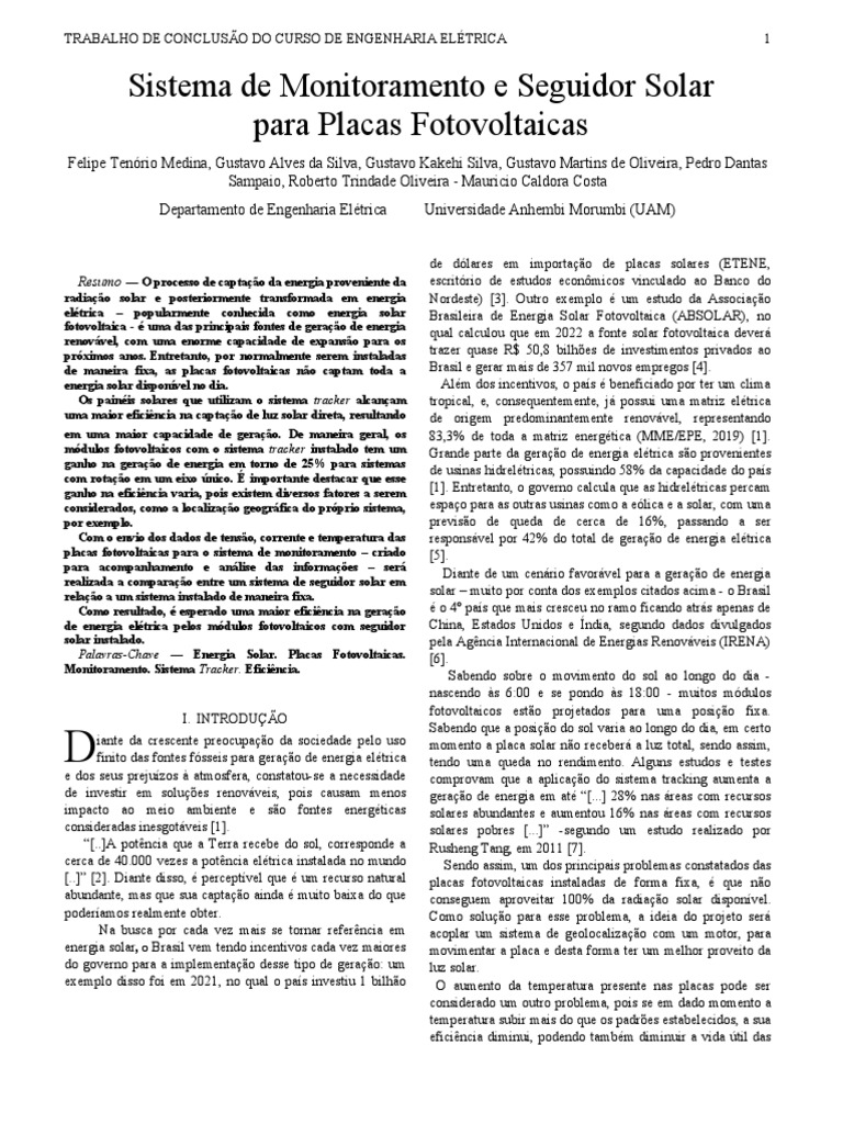 Sistema de Monitoramento e Seguidor Solar para Placas Fotovoltaicas ...