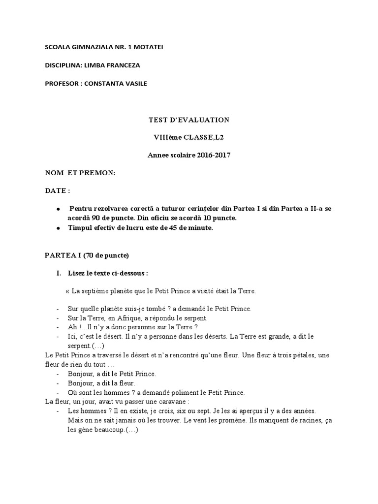 Model Test Cu Matrice - 5.03.2023 | PDF | Le Petit Prince | Linguistique