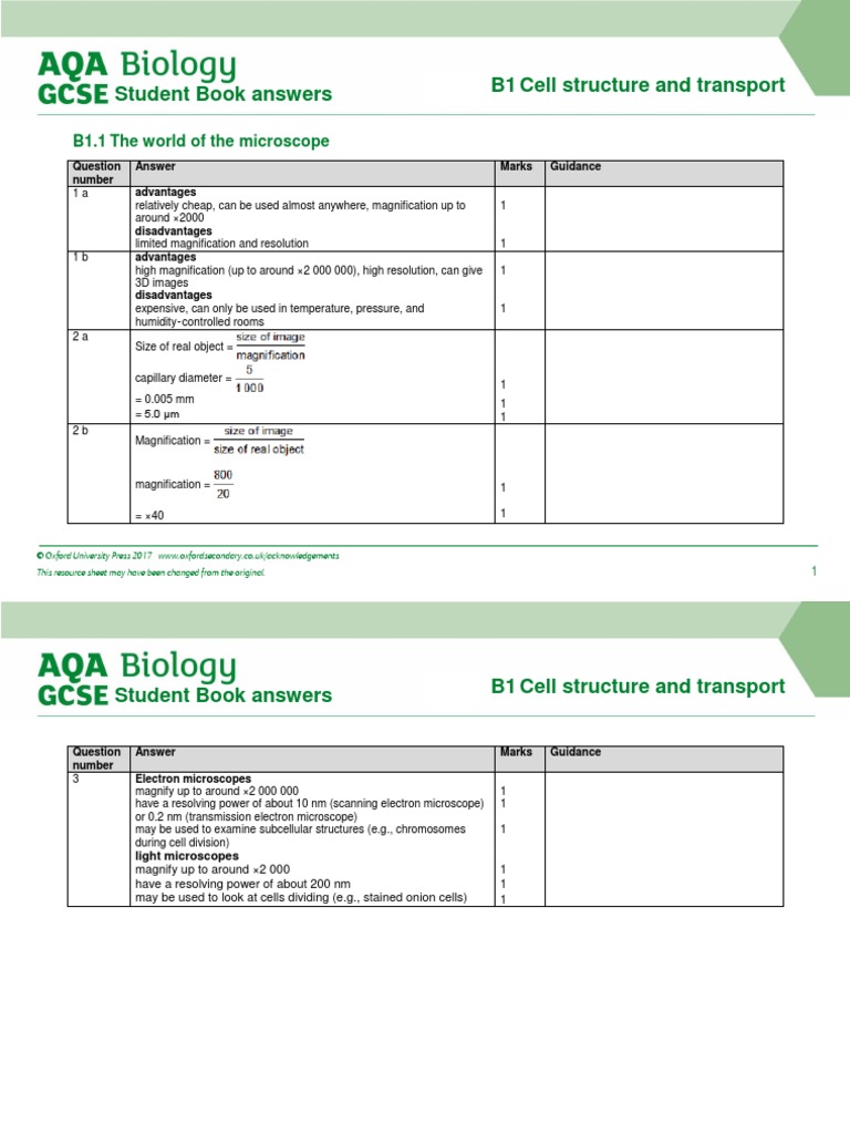 AQA GCSE Bio End of Topic B1 | Download Free PDF | Osmosis | Cell (Biology)