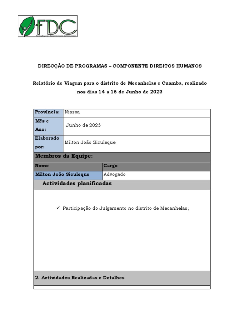 Relatorio de Viagem Ao Distrito de Cuamba e Mecanhelas-14 a 16 de Junho ...