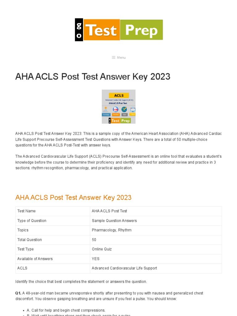 AHA ACLS Post Test Answer Key | PDF | Cardiopulmonary Resuscitation ...