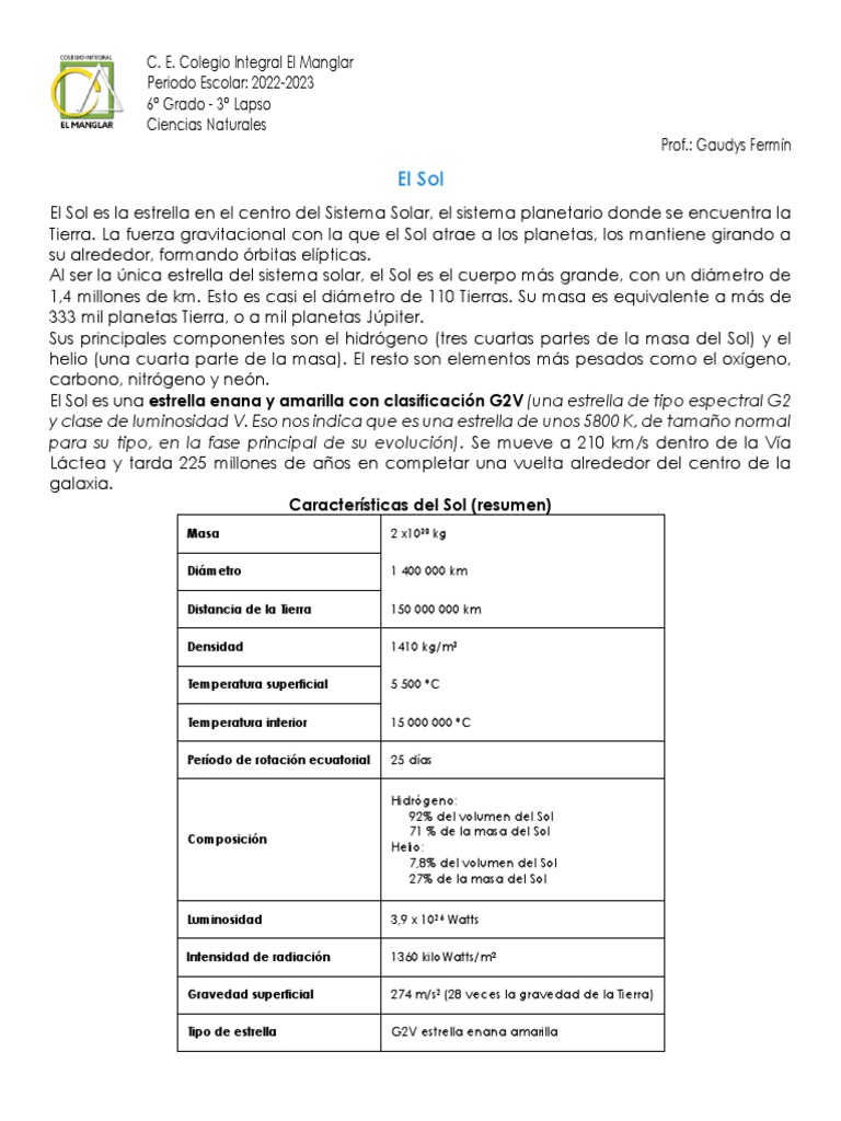 Características del Sol para Niños | PDF | Dom | Estrellas