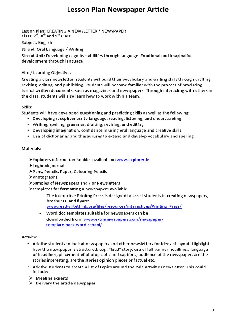 Lesson Plan Newspaper Article | PDF | Newspapers | Lesson Plan
