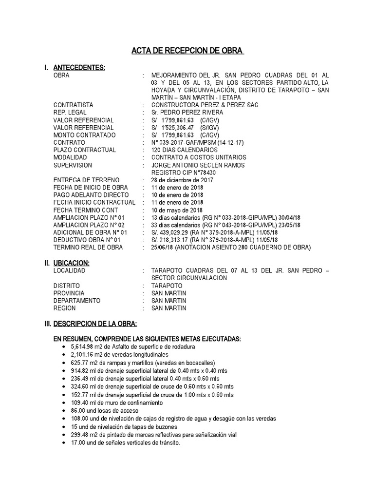 ACTA RECEPCION OBRA | PDF