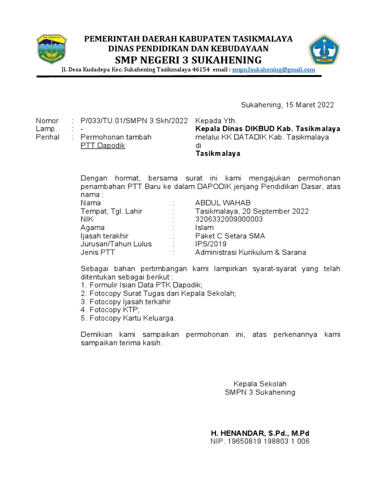 Contoh Surat Permohonan Tambah PTK Ke DAPODIK Dan Surat Tugas | PDF