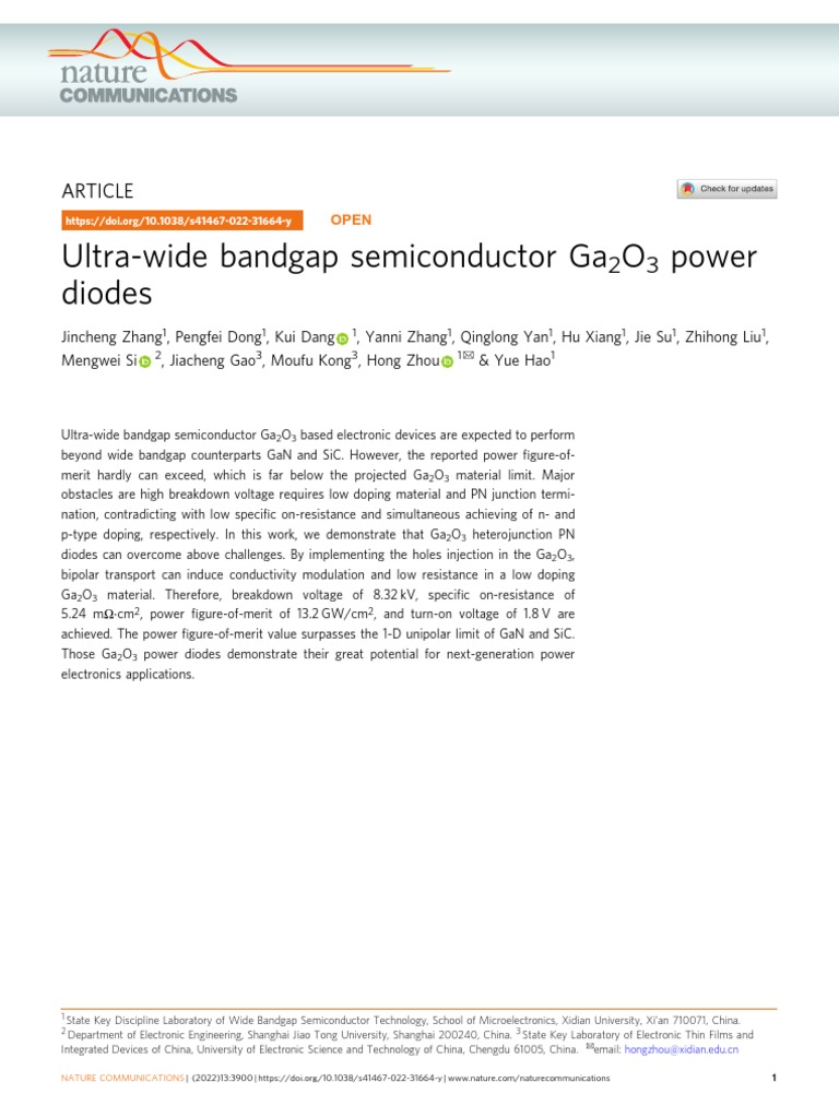 Ultra-Wide Bandgap Semiconductor Ga O Power Diodes: Article | PDF ...