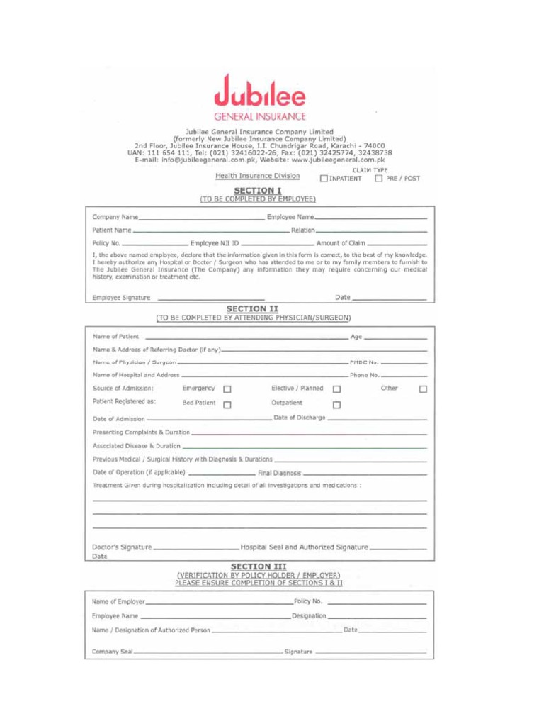 NJI Jubliee Insurance Form Inpatient Claim Form JGI | PDF