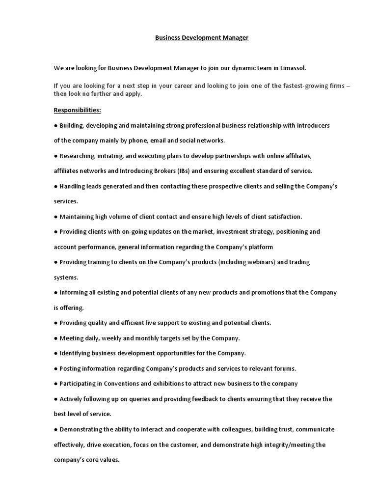 JD - Business Development Manager | PDF
