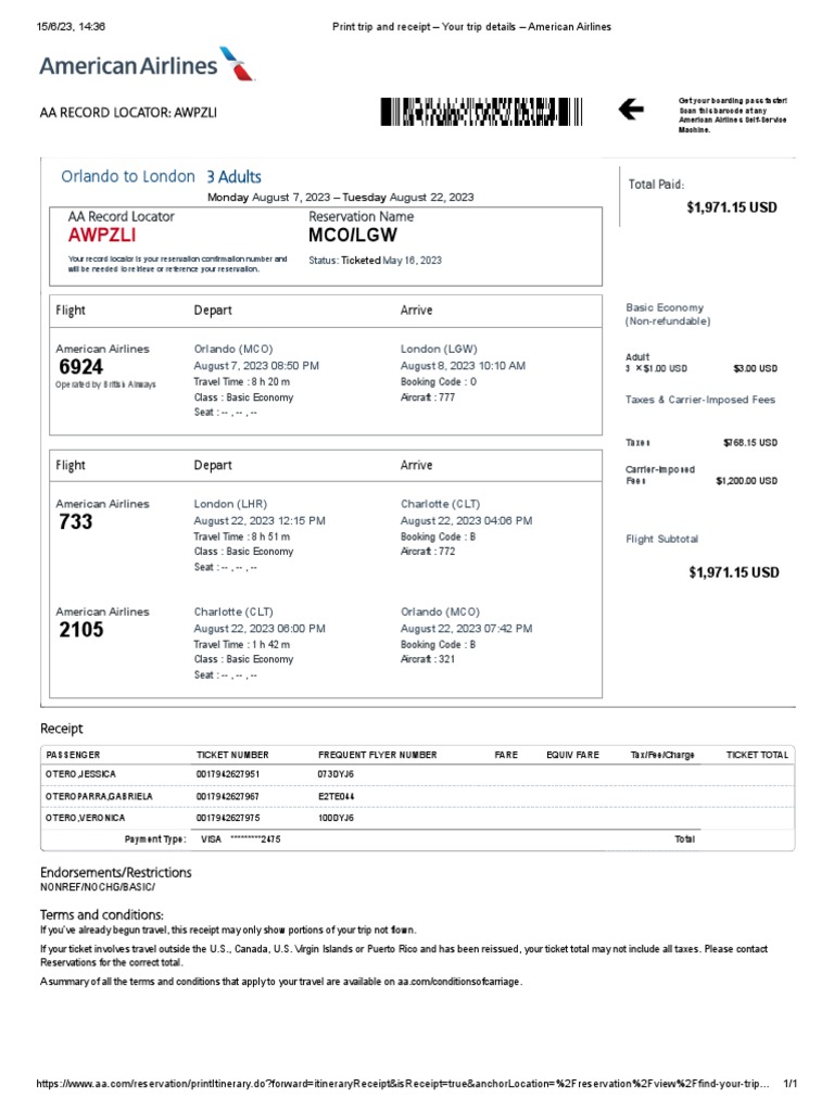 Print Trip and Receipt - Your Trip Details - American Airlines Gabriela ...