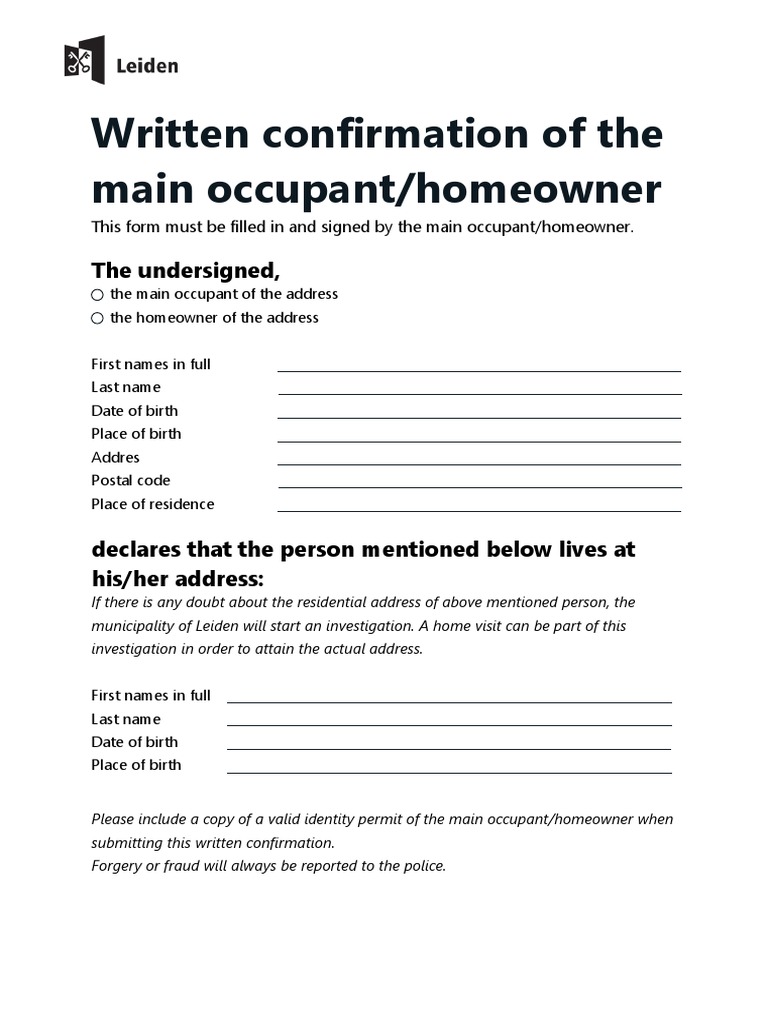 Homeowner Occupant Confirmation Form | PDF | Social Science | Law