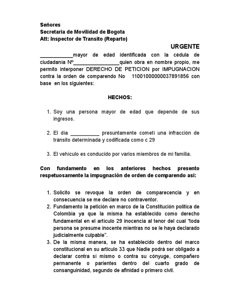 Modelo Impugnación Comparendo | PDF Modelo Impugnación Comparendo | PDF