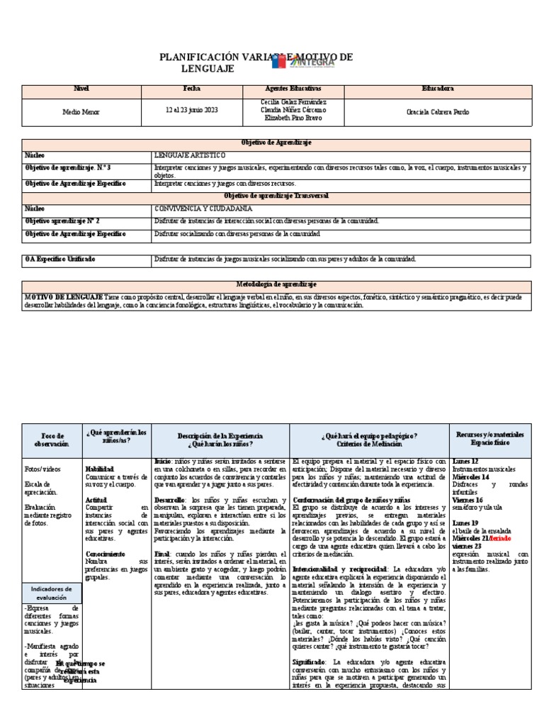 Planificacion Motivo de Lenguaje-Junio | PDF | Aprendizaje | Evaluación