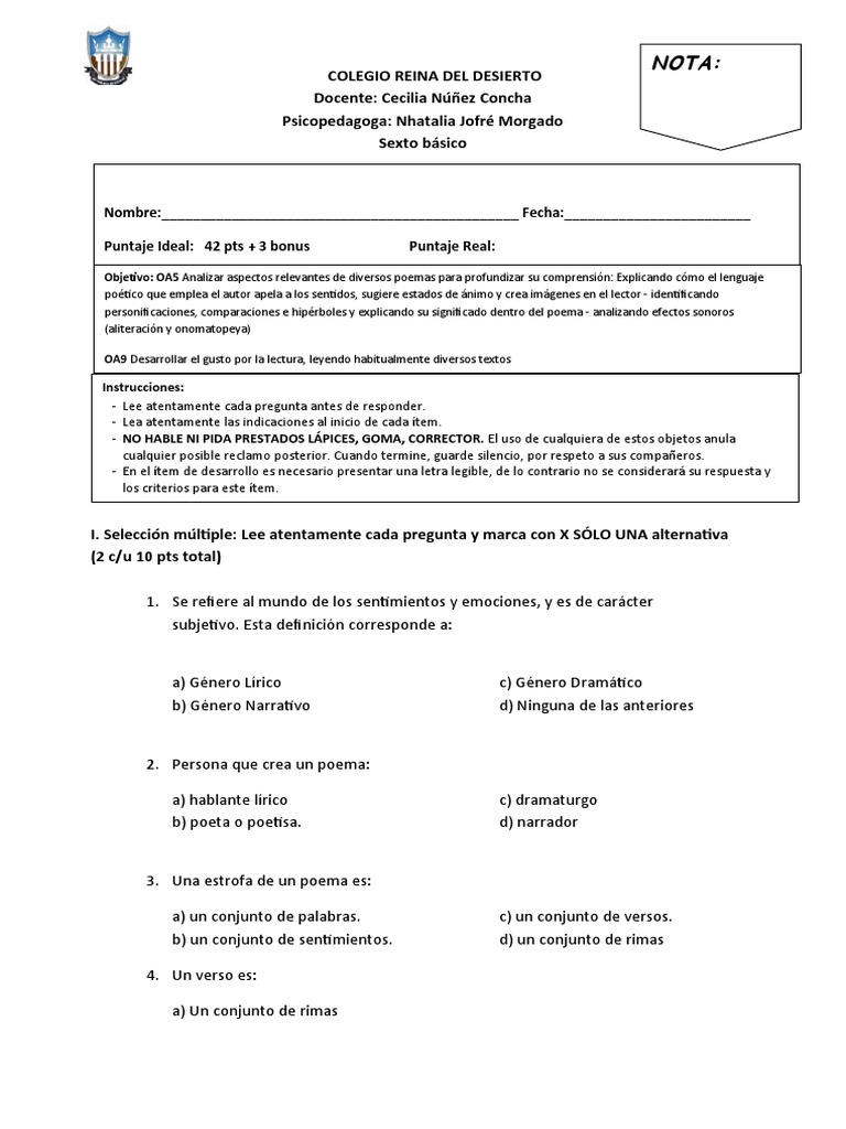 Prueba 2 Lírica 6 Basico | PDF | Poesía