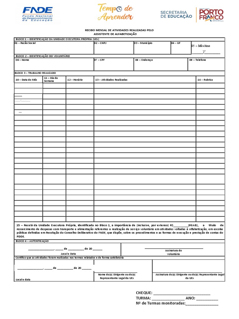Recibo Mensal de Atividades Realizadas Pelo Assistente de Alfabetização ...