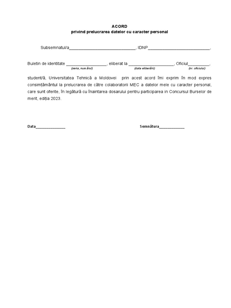 Model Acord -Prelucrare Date Personale | PDF
