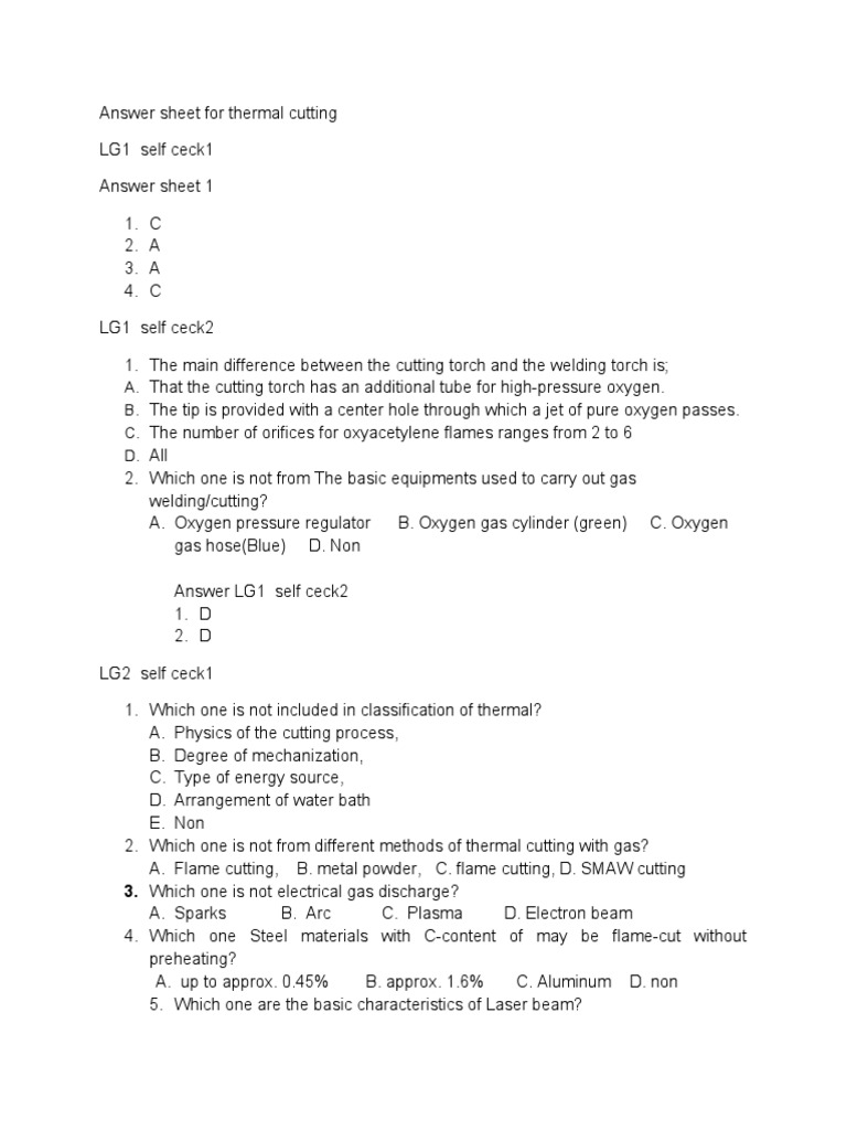 Answer Sheet For Thermal Cutting Self Check | PDF | Home & Garden ...