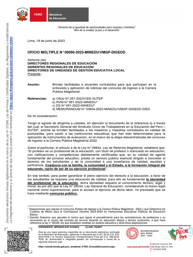 Oficio - Multiple 00090 2023 Minedu VMGP Digedd | PDF