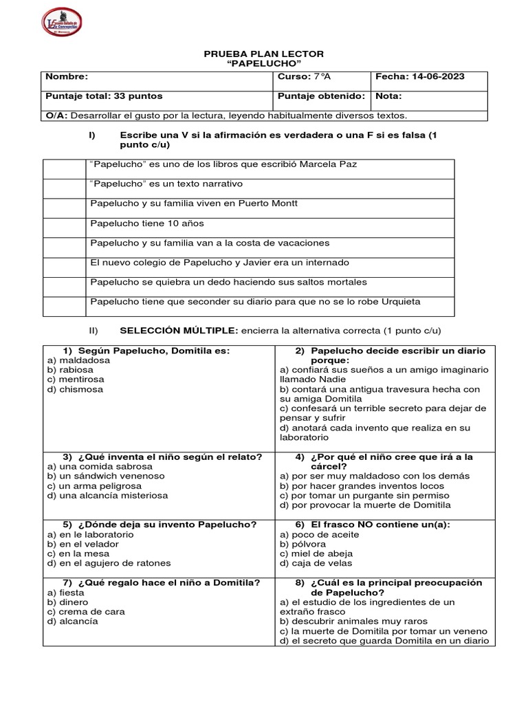 prueba plan lector 7A PAPELUCHO | PDF
