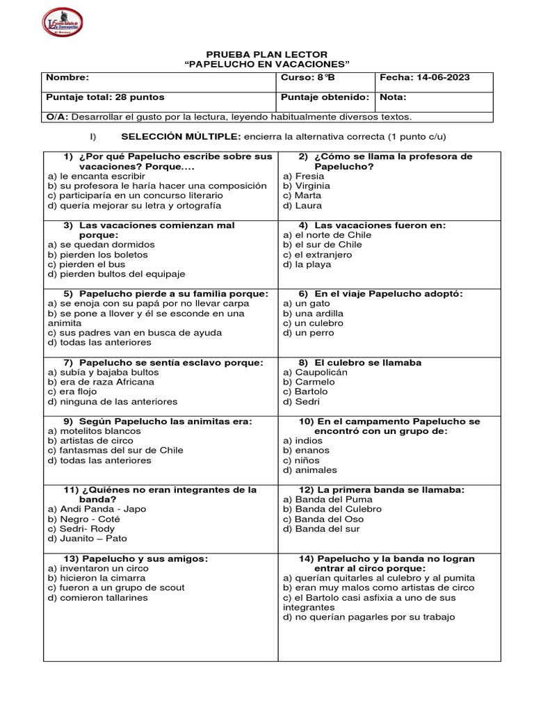 Prueba Plan Lector 8B PAPELUCHO EN VACACIONES | PDF | Arte